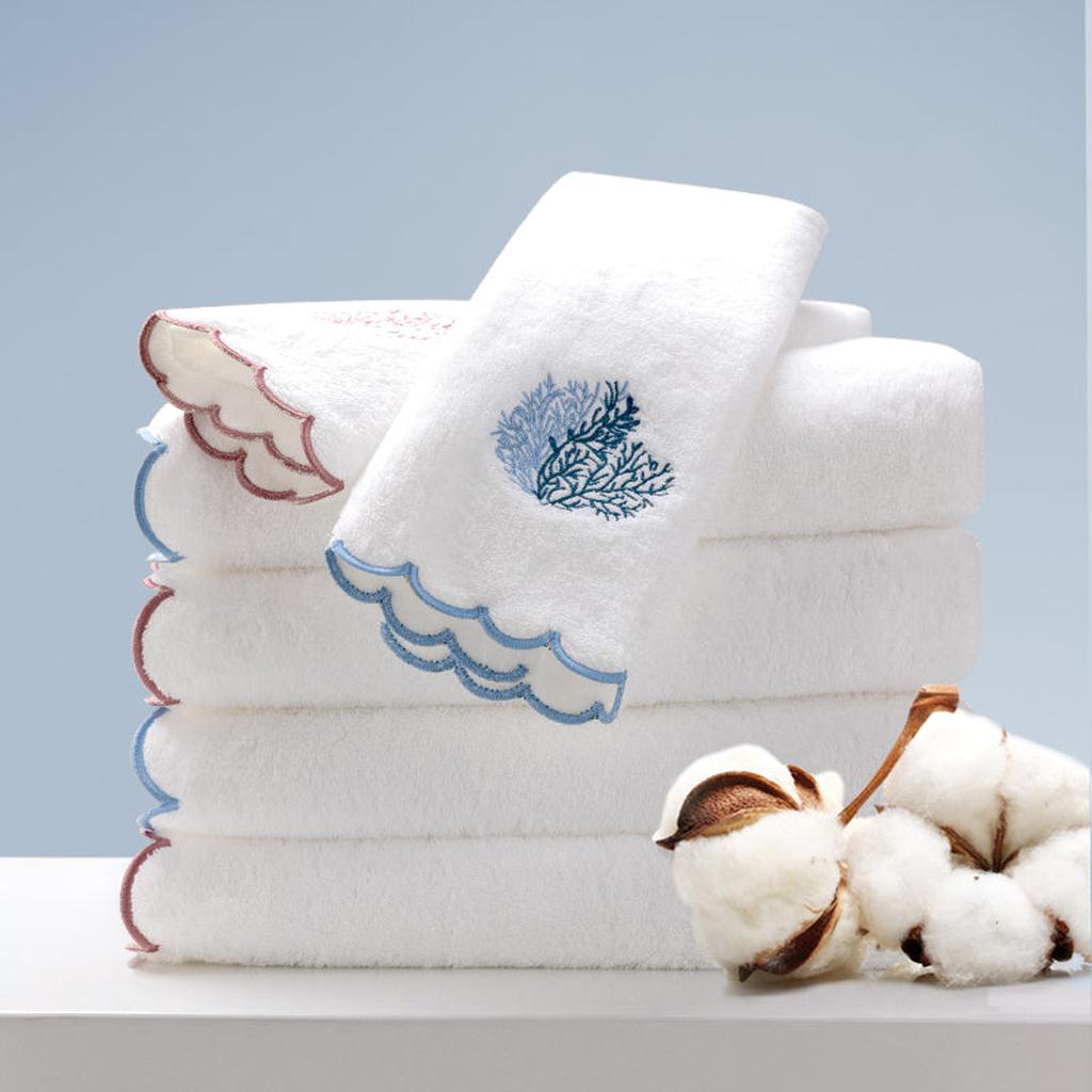 White Scalloped Edge Cotton Bath Sheets with Coral Embroidery - Set of ...