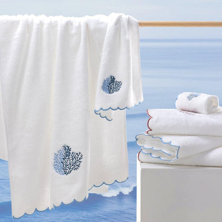 White Scalloped Edge Cotton Bath Sheets with Coral Embroidery - Set of ...