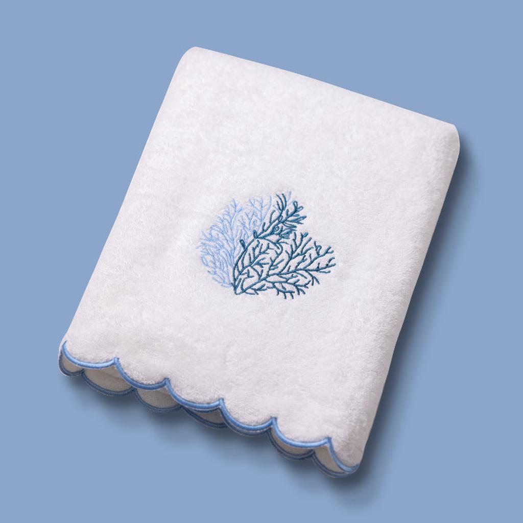 White Scalloped Edge Cotton Bath Sheets with Coral Embroidery - Set of ...